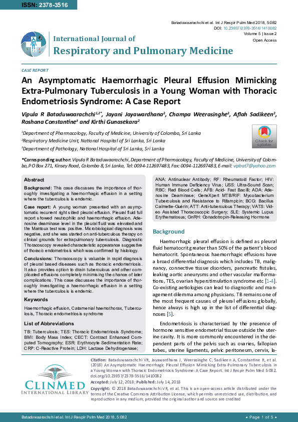 (PDF) An Asymptomatic Haemorrhagic Pleural Effusion Mimicking Extra-Pulmonary Tuberculosis in a ...