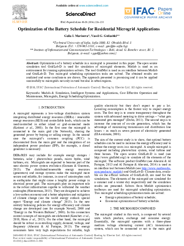 (PDF) Optimization of the Battery Schedule for Residential Microgrid Applications