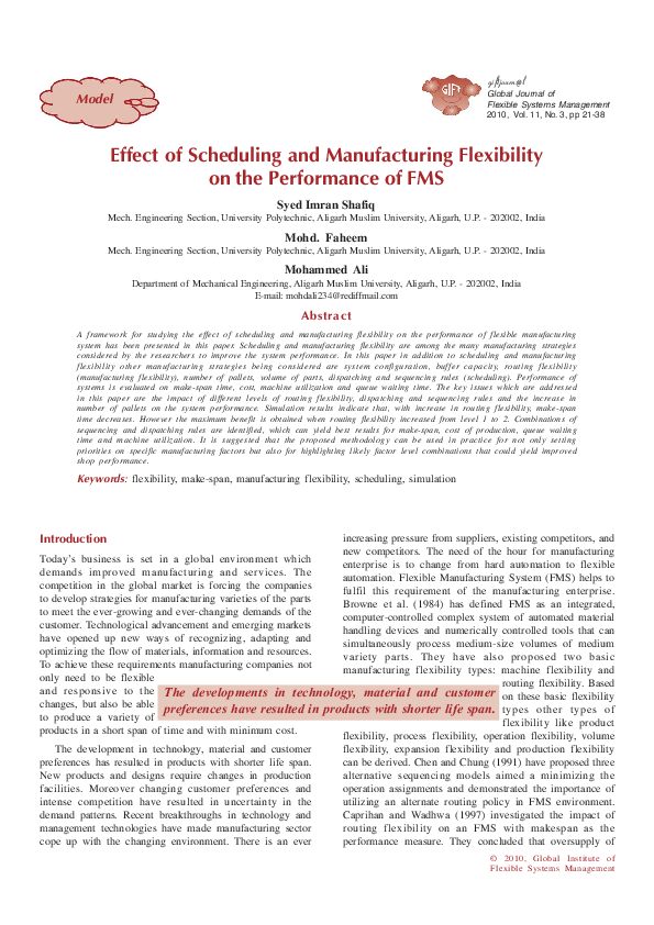(PDF) Effect of Scheduling and Manufacturing Flexibility on the Performance of FMS