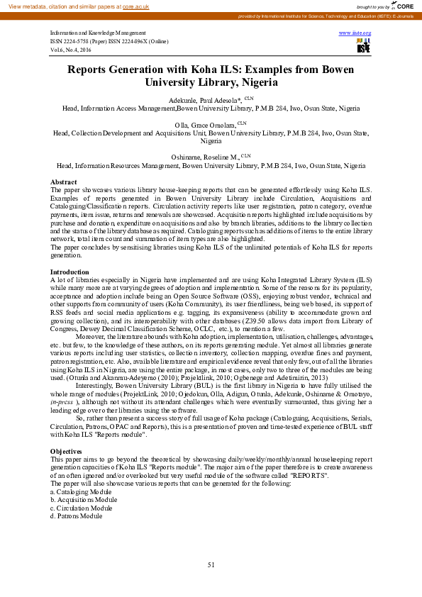 (PDF) Reports Generation with Koha ILS: Examples from Bowen University Library, Nigeria