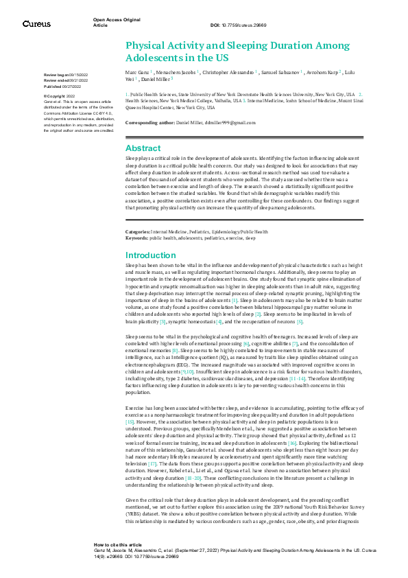 (PDF) Physical Activity and Sleeping Duration Among Adolescents in the US