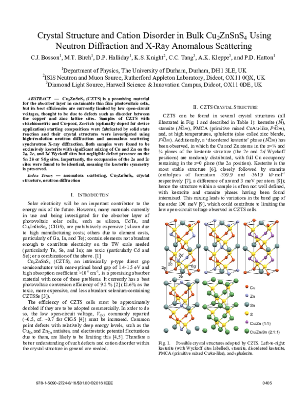 (PDF) Crystal structure and cation disorder in bulk Cu₂ZnSnS₄ using ...