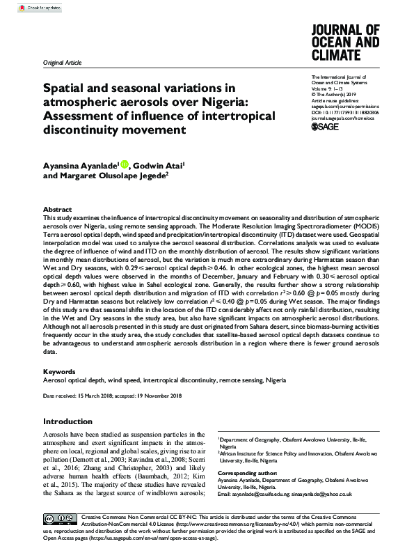(PDF) Spatial and seasonal variations in atmospheric aerosols over Nigeria: Assessment of ...