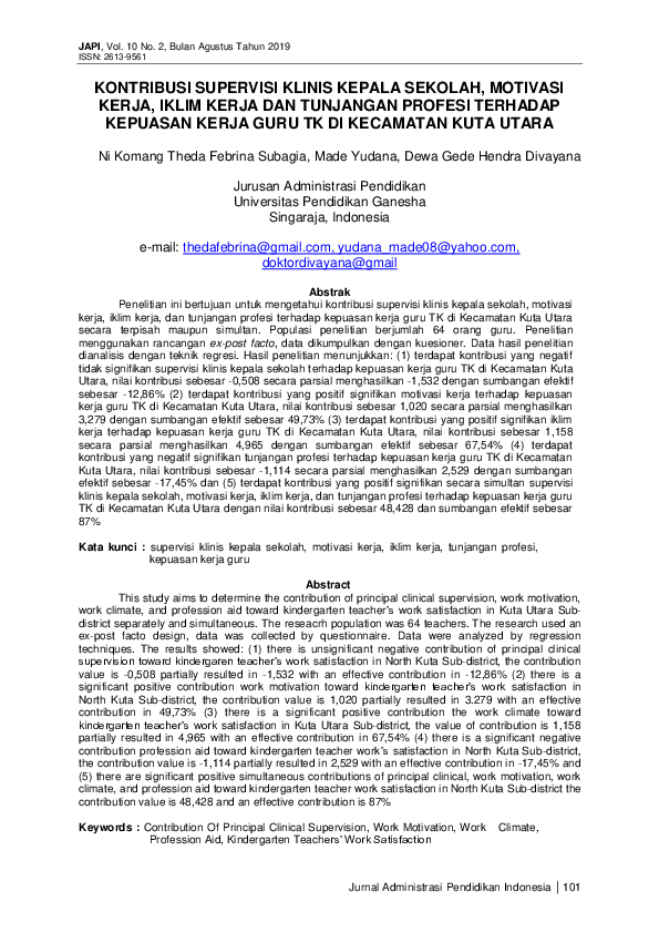 (PDF) Kontribusi Supervisi Klinis Kepala Sekolah, Motivasi Kerja, Iklim Kerja Dan Tunjangan ...