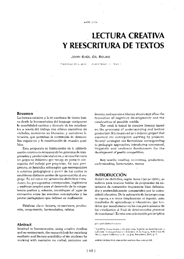 (PDF) Lectura creativa y reescritura de textos | John Rojas - Academia.edu