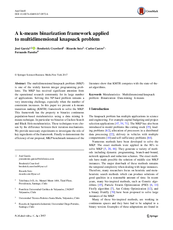 (PDF) A k-means binarization framework applied to multidimensional knapsack problem