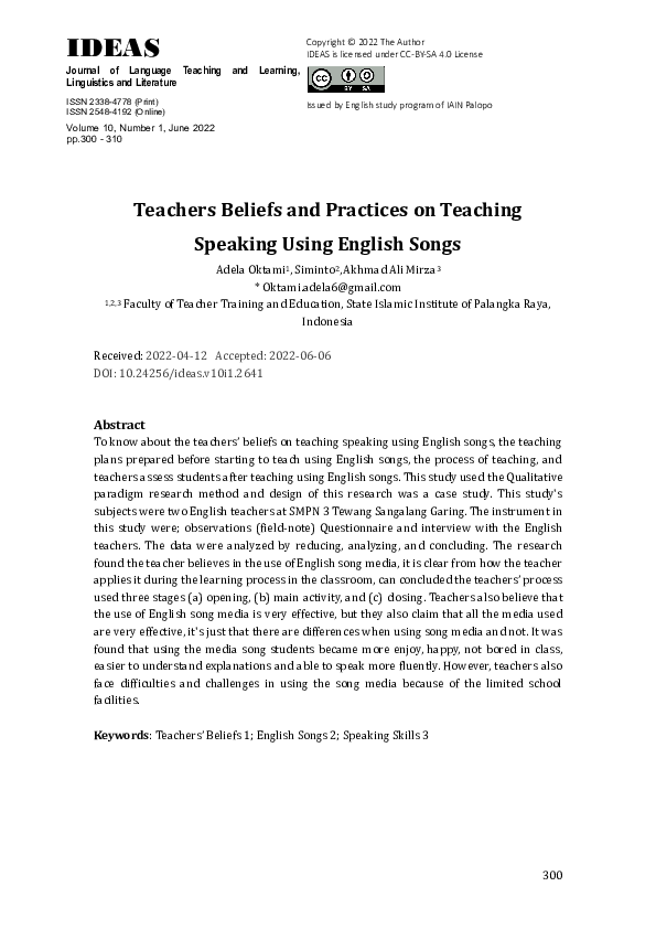 (PDF) Teachers Beliefs and Practices on Teaching Speaking Using English Songs