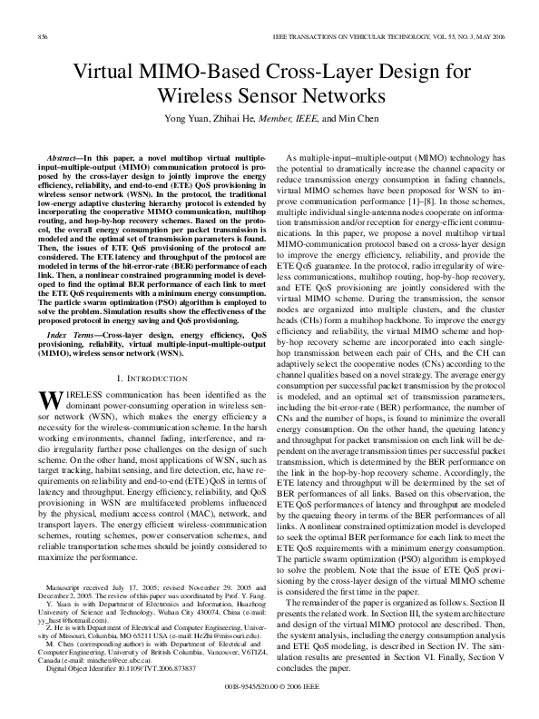 Pdf Virtual Mimo Based Cross Layer Design For Wireless Sensor Networks