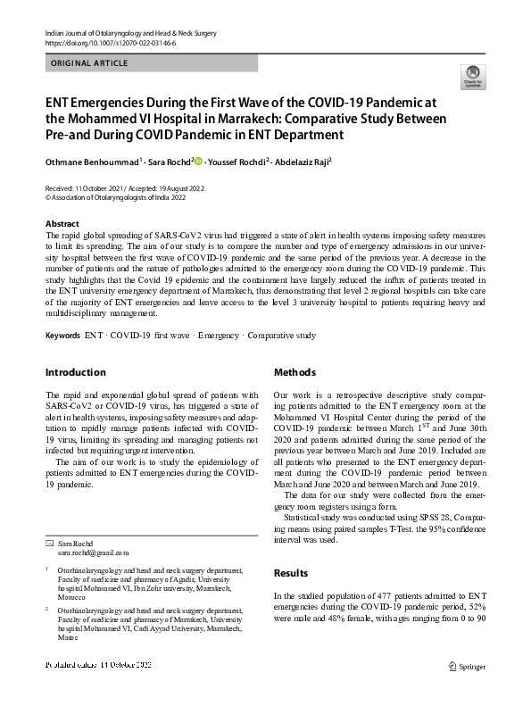 (PDF) ENT Emergencies During the First Wave of the COVID-19 Pandemic at the Mohammed VI Hospital ...