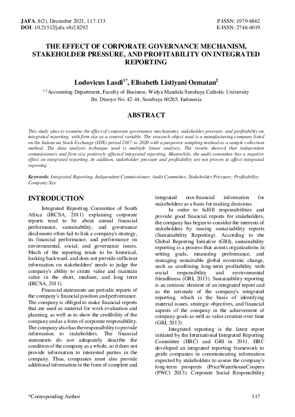 (PDF) The Effect of Corporate Governance Mechanism, Stakeholder Pressure, and Profitability on ...
