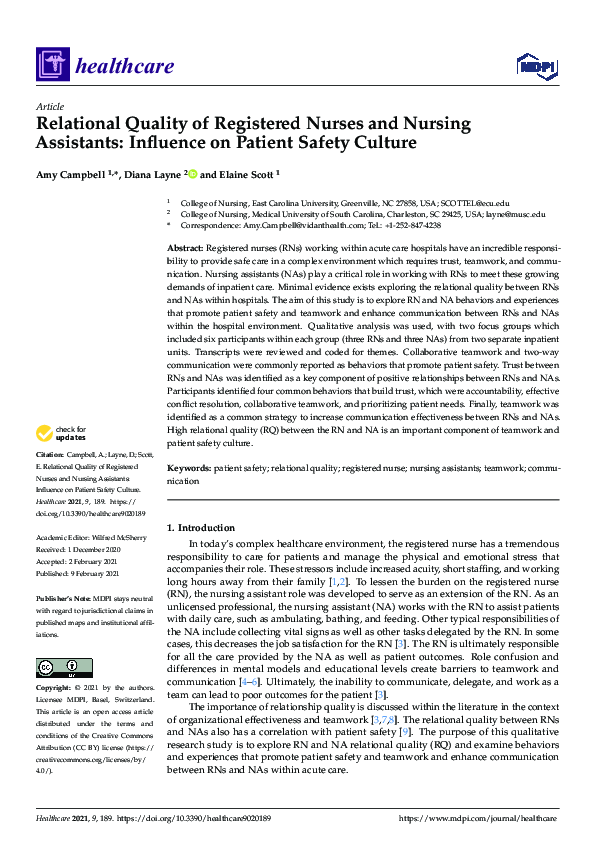 Relational Quality of Registered Nurses and Nursing Assistants ...