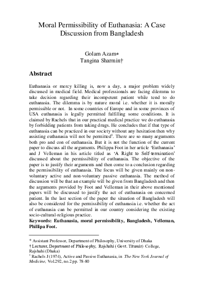 (PDF) Moral Permissibility of Euthanasia: A Case Discussion from Bangladesh