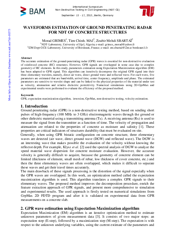 (PDF) Waveforms Estimation of Ground Penetrating Radar for NDT of Concrete Structures