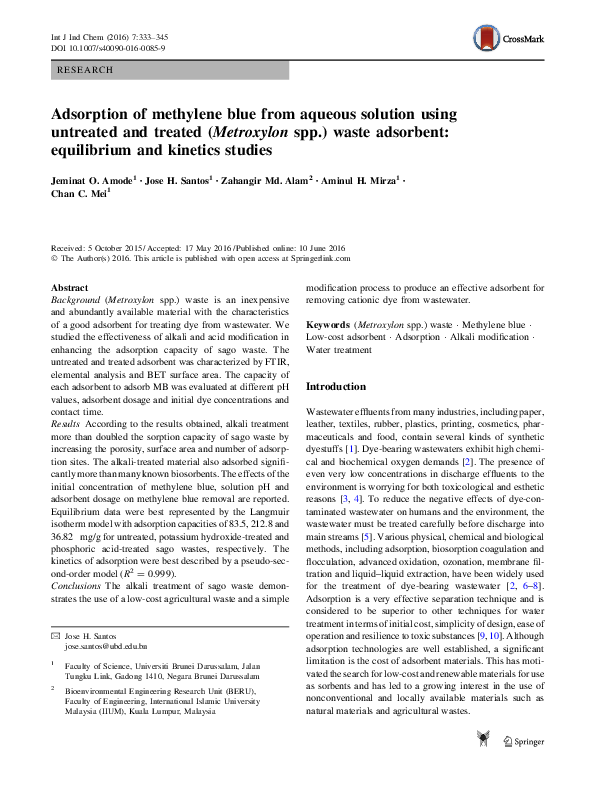 (PDF) Adsorption of methylene blue from aqueous solution using untreated and treated (Metroxylon ...