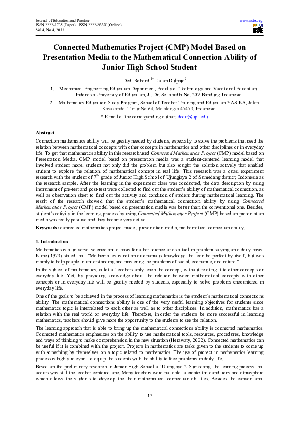 (PDF) Connected Mathematics Project (CMP) Model Based on Presentation Media to the Mathematical ...