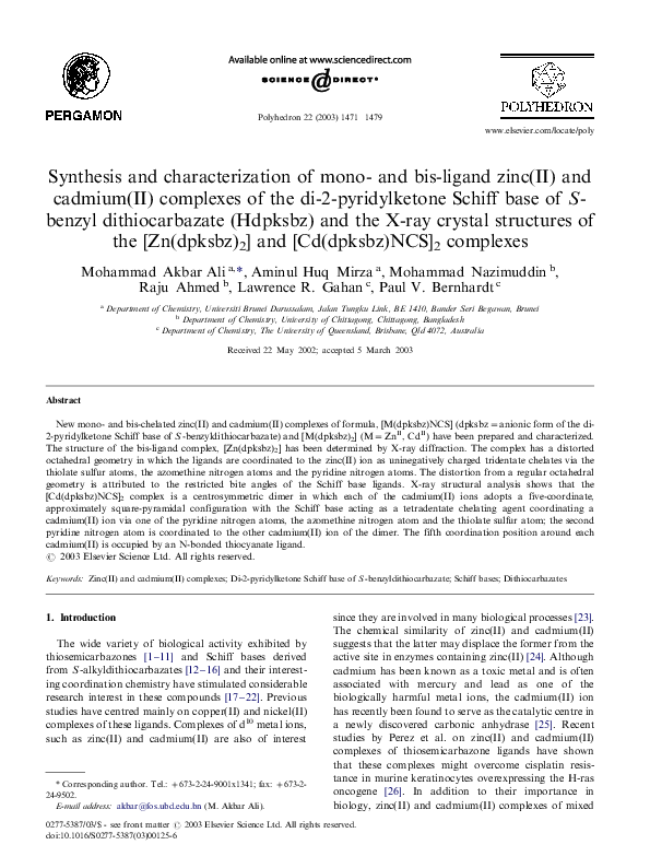 (PDF) Synthesis and characterization of mono- and bis-ligand zinc(II) and cadmium(II) complexes ...