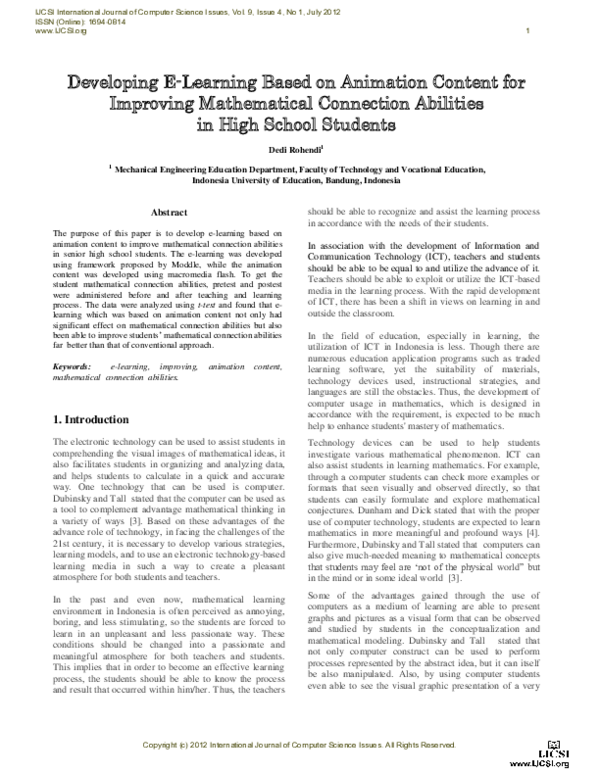 Pdf Developing E Learning Based On Animation Content For Improving Mathematical Connection