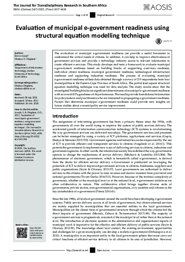 (PDF) Evaluation of municipal e-government readiness using structural equation modelling technique
