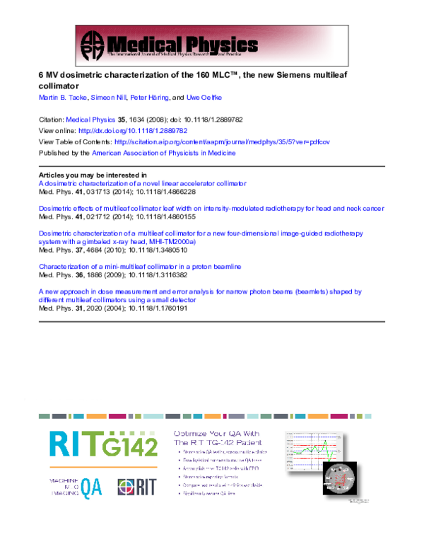 (PDF) 6 MV dosimetric characterization of the 160 MLC™, the new Siemens multileaf collimator ...