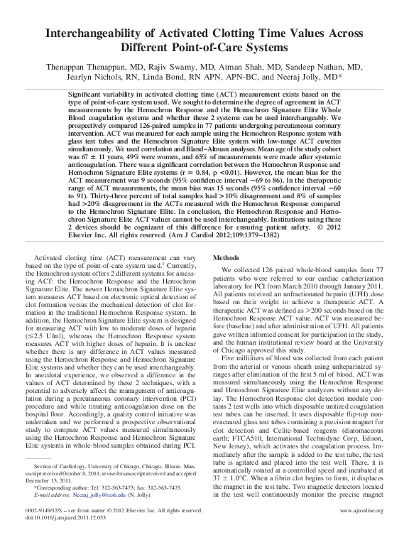 (PDF) Interchangeability of Activated Clotting Time Values Across ...
