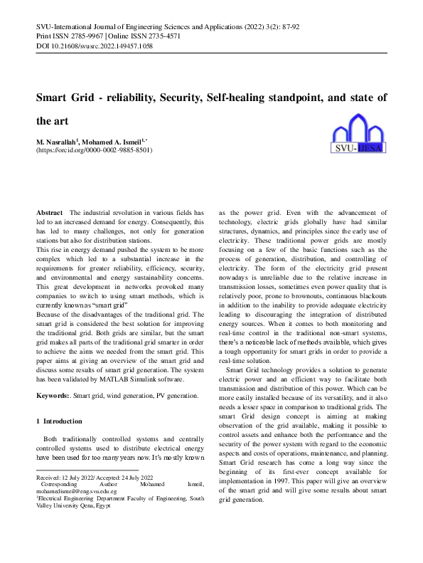 (PDF) Smart Grid - reliability, Security, Self-healing standpoint, and state of the art