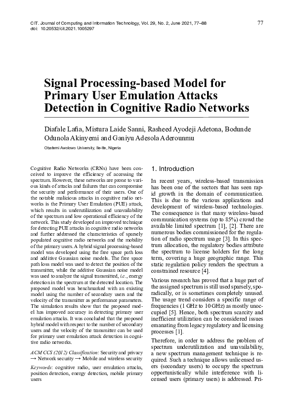 (PDF) Signal Processing-based Model for Primary User Emulation Attacks Detection in Cognitive ...