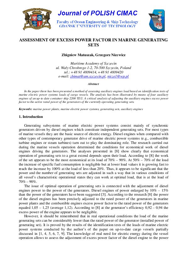 (PDF) Assessment Of Excess Power Factor In Marine Generating Sets