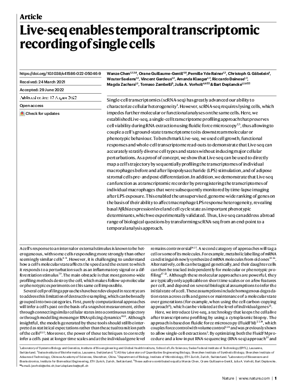 (PDF) Live-seq enables temporal transcriptomic recording of single cells | Vincent Gardeux ...