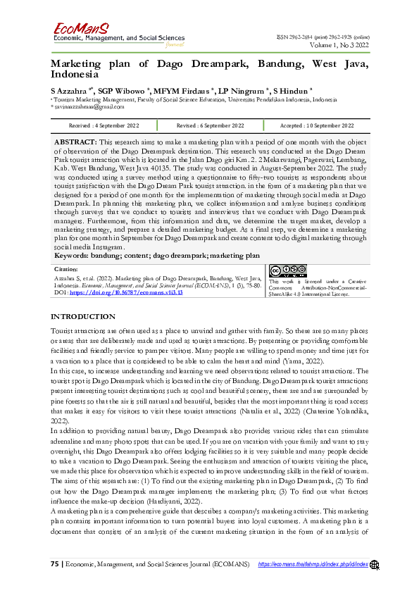 (PDF) Marketing Plan of Dago Dreampark, Bandung, West Java, Indonesia
