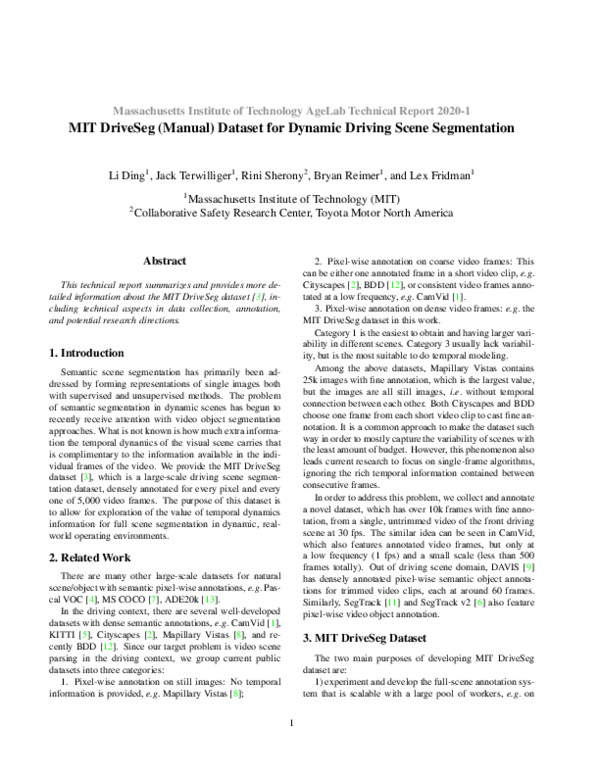 (PDF) MIT DriveSeg (Manual) Dataset for Dynamic Driving Scene Segmentation