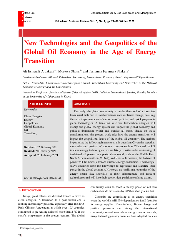 (PDF) New Technologies and the Geopolitics of the Global Oil Economy in ...