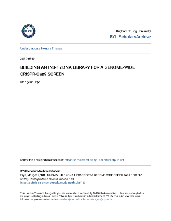 (PDF) BUILDING AN INS-1 cDNA LIBRARY FOR A GENOME-WIDE CRISPR-Cas9 SCREEN