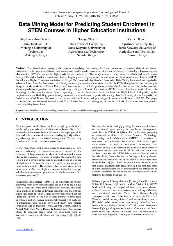 (PDF) Data Mining Model for Predicting Student Enrolment in STEM Courses in Higher Education ...