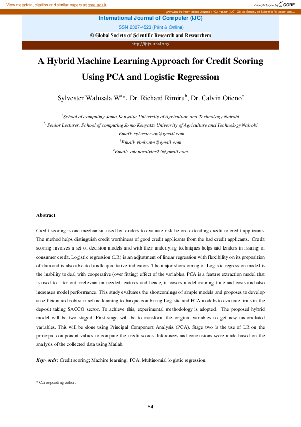 (PDF) A Hybrid Machine Learning Approach for Credit Scoring Using PCA and Logistic Regression