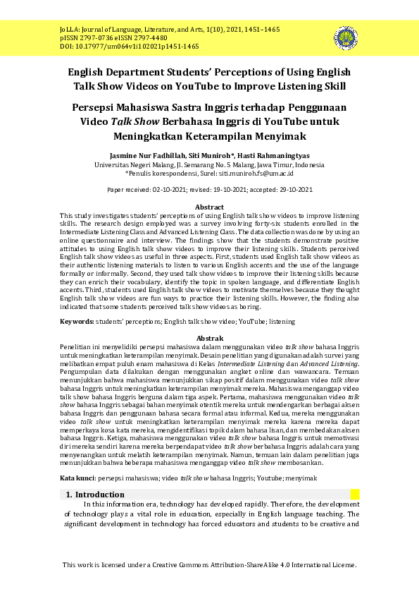 (PDF) English Department Students’ Perceptions of Using English Talk ...