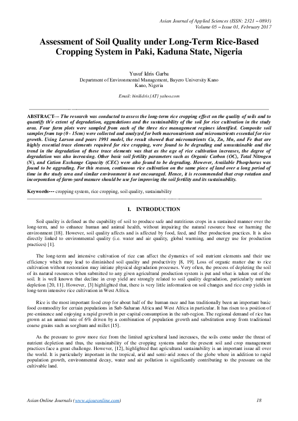 (PDF) Assessment of Soil Quality under Long-Term Rice-Based Cropping System in Paki, Kaduna ...