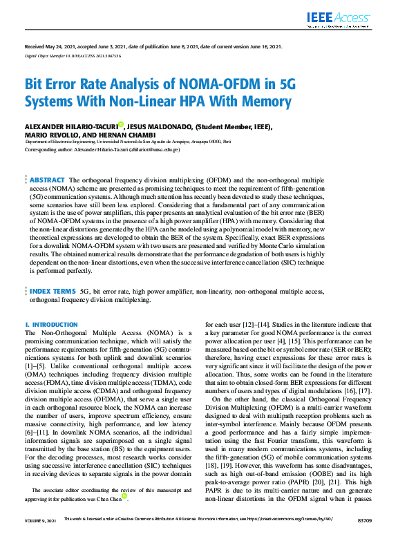 (PDF) Bit Error Rate Analysis of NOMA-OFDM in 5G Systems With Non-Linear HPA With Memory