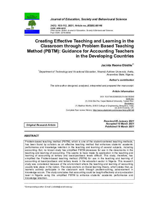 (PDF) Creating Effective Teaching and Learning in the Classroom through Problem Based Teaching ...
