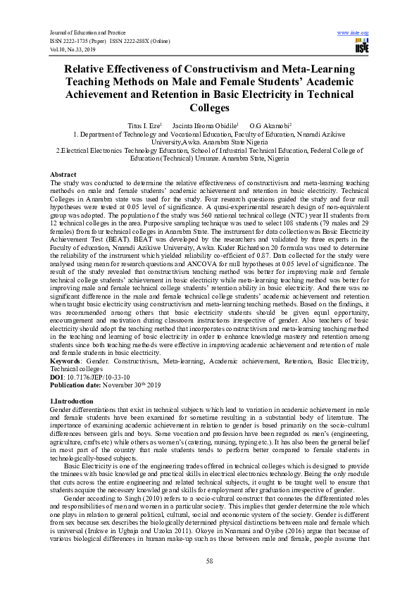 (PDF) Relative Effectiveness of Constructivism and Meta-Learning Teaching Methods on Male and ...