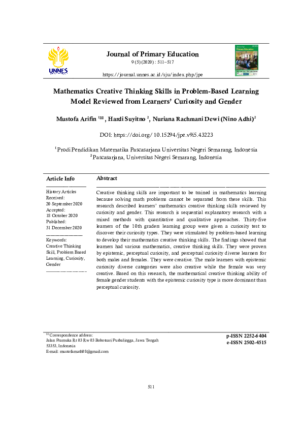 (PDF) Mathematics Creative Thinking Skills in Problem-Based Learning Model Reviewed from ...