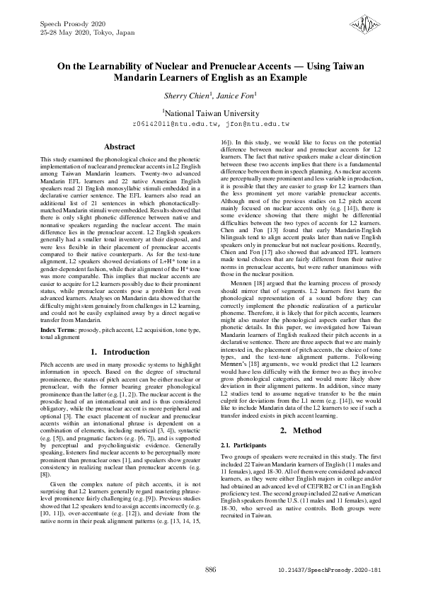 (PDF) On the Learnability of Nuclear and Prenuclear Accents ― Using Taiwan Mandarin Learners of ...