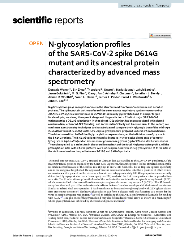 (PDF) N-glycosylation profiles of the SARS-CoV-2 spike D614G mutant and ...