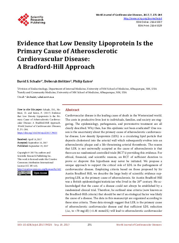 (PDF) Evidence that Low Density Lipoprotein Is the Primary Cause of Atherosclerotic ...