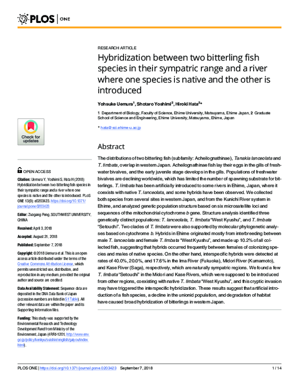 (PDF) Hybridization between two bitterling fish species in their sympatric range and a river ...