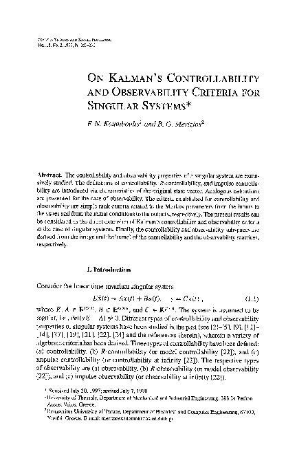 (PDF) On Kalman's controllability and observability criteria for ... (PDF) On Kalman's controllability and observability criteria for ...