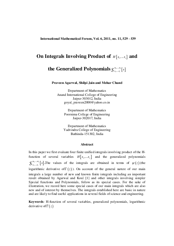(PDF) On Integrals Involving Product of ( )