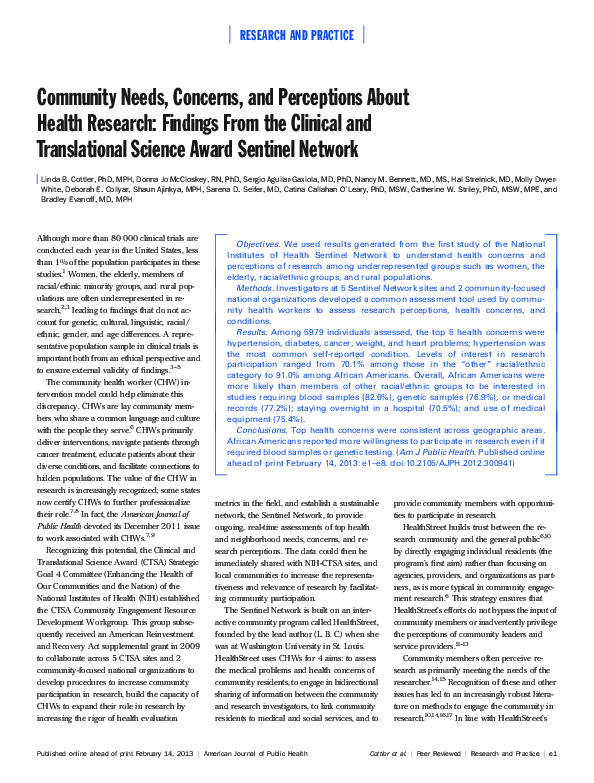 (PDF) Community Needs, Concerns, and Perceptions About Health Research: Findings From the ...