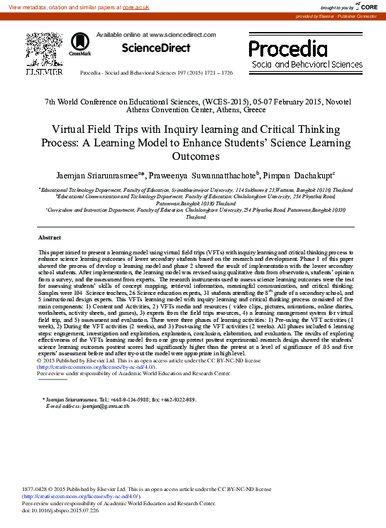 (PDF) Virtual Field Trips with Inquiry learning and Critical Thinking ...