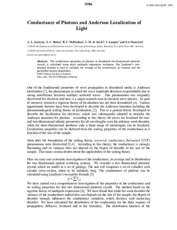 (PDF) Conductance of photons and Anderson localization of light | Ross McPhedran - Academia.edu