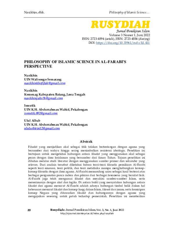 (PDF) Philosophy of Islamic Science in Al-Farabi's Perspective